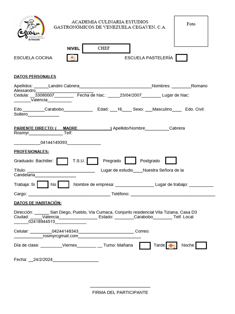 Inscripción Chef CEGAVEN 2024 | PDF