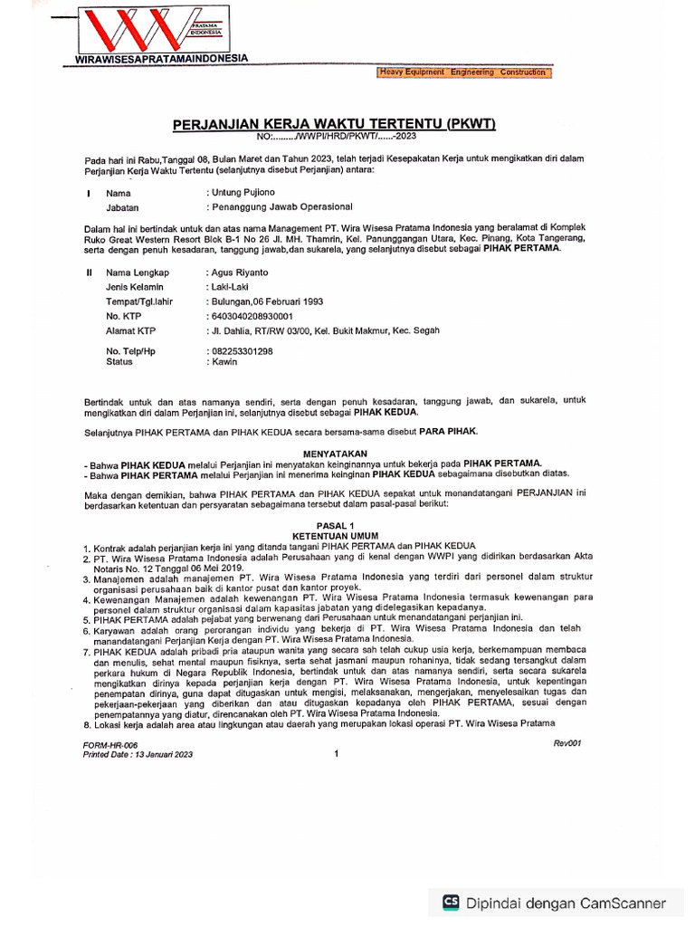 Scant PKWT Agus Riyanto | PDF