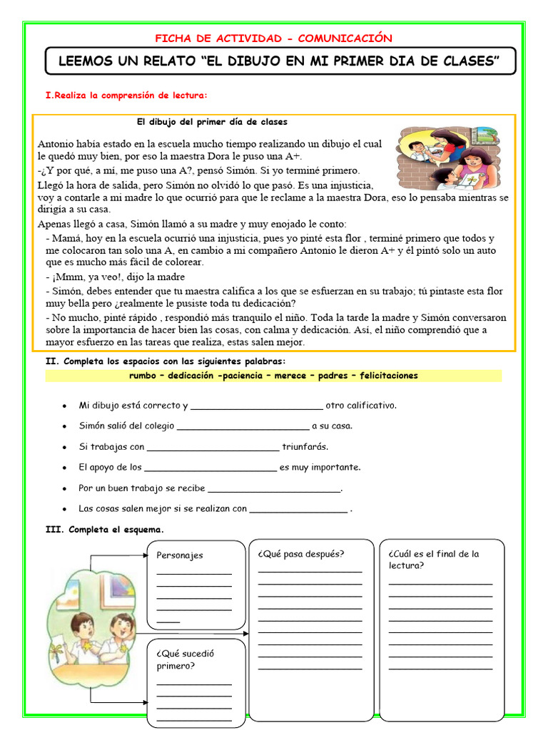FICHA-MIERC-COM - LEEMOS UN RELATO “EL DIBUJO EN MI PRIMER DIA DE ...
