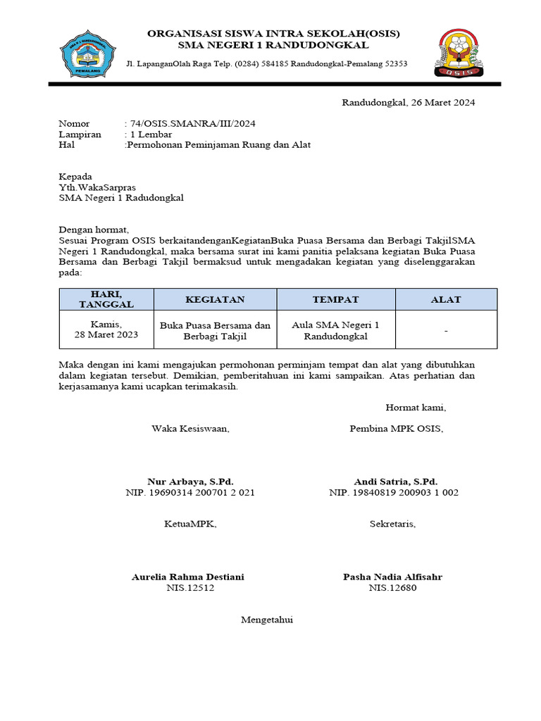 Permohonan Peminjaman Ruang OSIS SMA | PDF