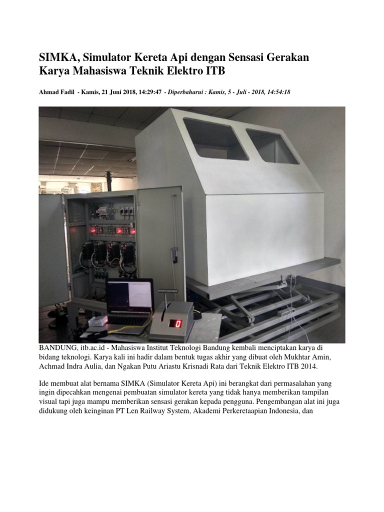 SIMKA, Simulator Kereta Api Dengan Sensasi Gerakan Karya Mahasiswa Teknik Elektro ITB | PDF ...