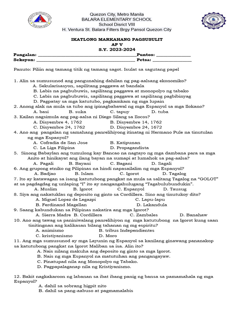 Ikatlong Markahang Pagsusulit Sa AP V 1 1 | PDF