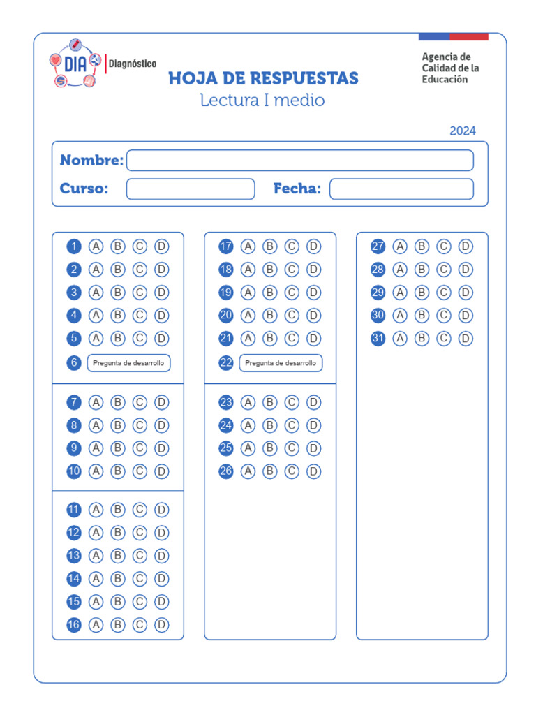 Hoja de Respuestas Lectura Diagnostico 2024 I Medio | PDF