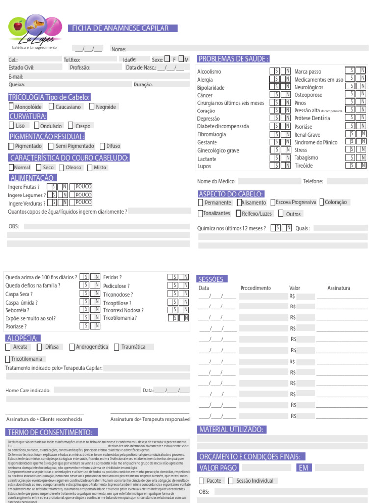Ficha de Anamnese Capilar | PDF | Cabelo | Medicina Clínica