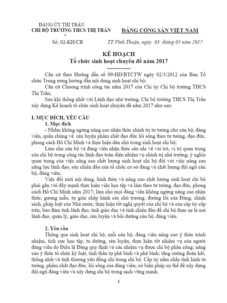 Ke Hoach Sinh Hoat Chuyen de 17 | PDF