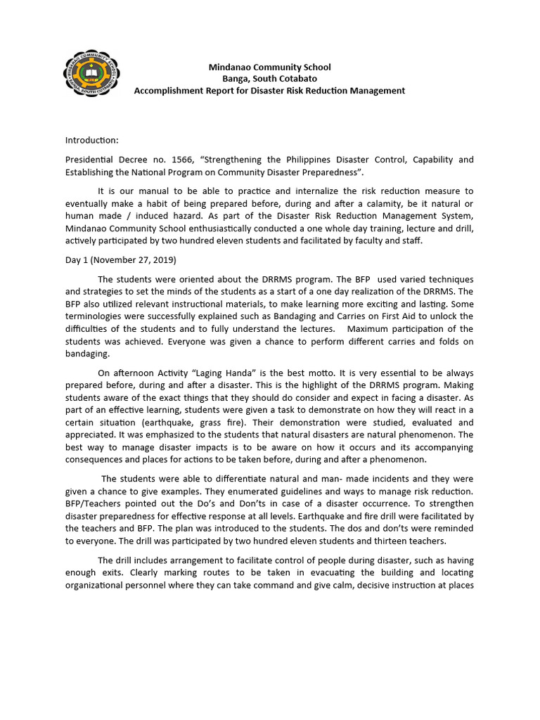 Accomplisment REport DRR | PDF | Disaster Risk Reduction | Emergency Management