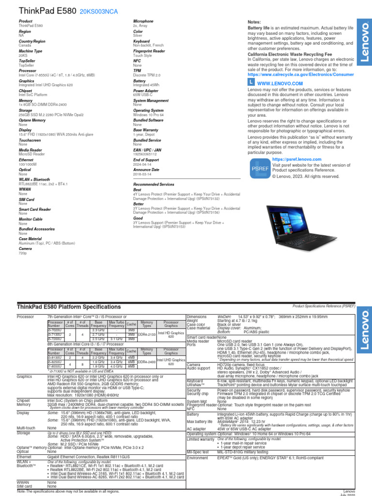 ThinkPad E580 i7 Specifications Overview | PDF | Hdmi | Usb