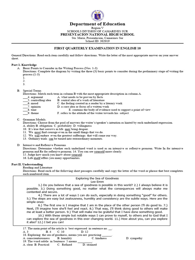 Pre Post Test 1st Sem in English 10 | PDF