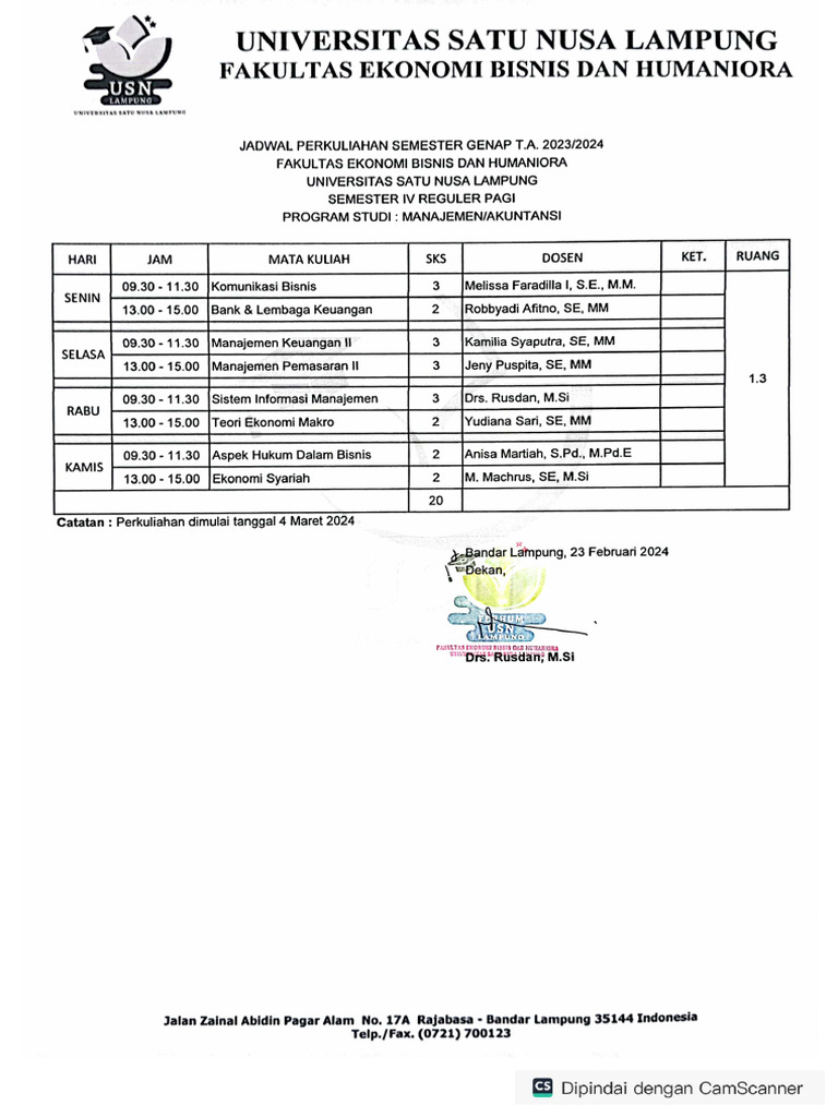 Jadwal Perkuliahan Semester 4 Reguler Pagi | PDF
