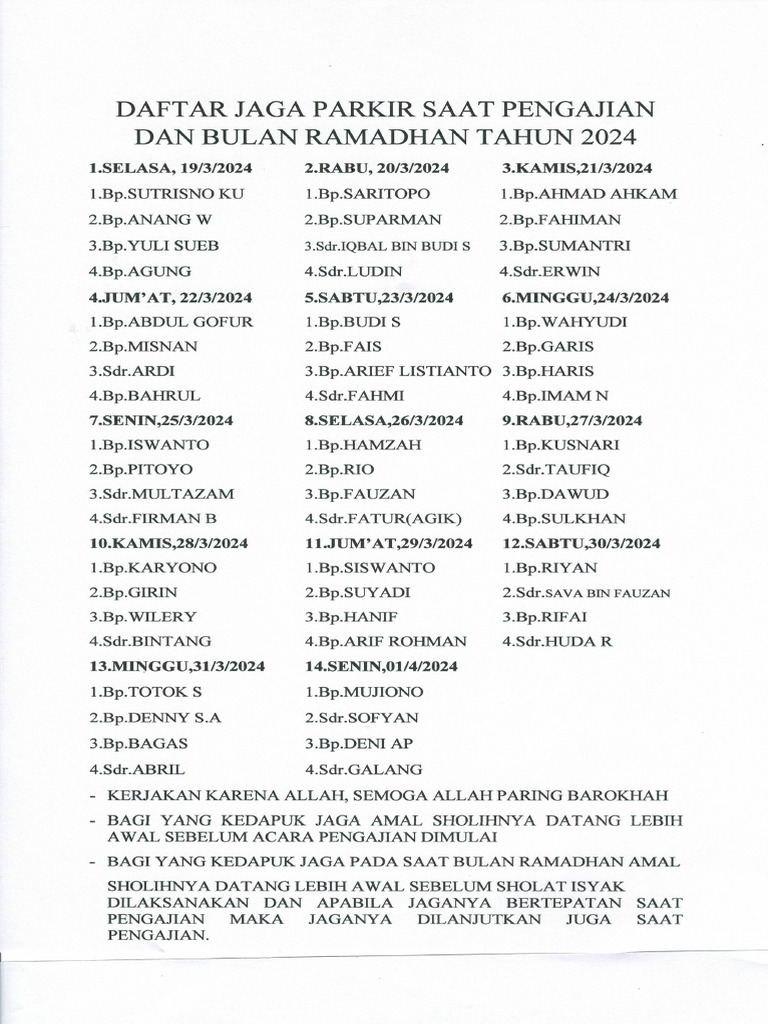 Jadwal Jaga Parkir | PDF