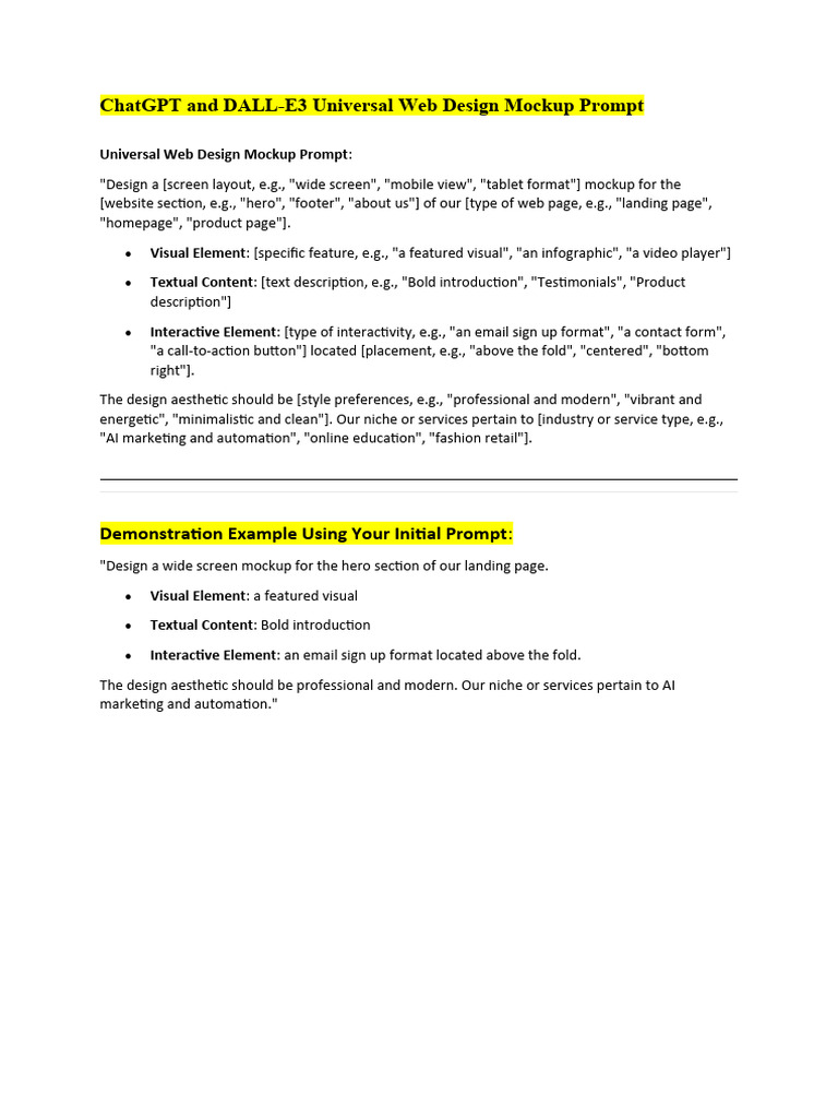 2.1 ChatGPT and DALL-E3 Universal Web Design Mockup Prompt | PDF