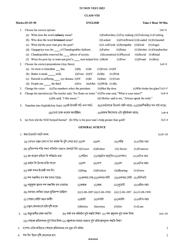Class VIII All Papers | PDF