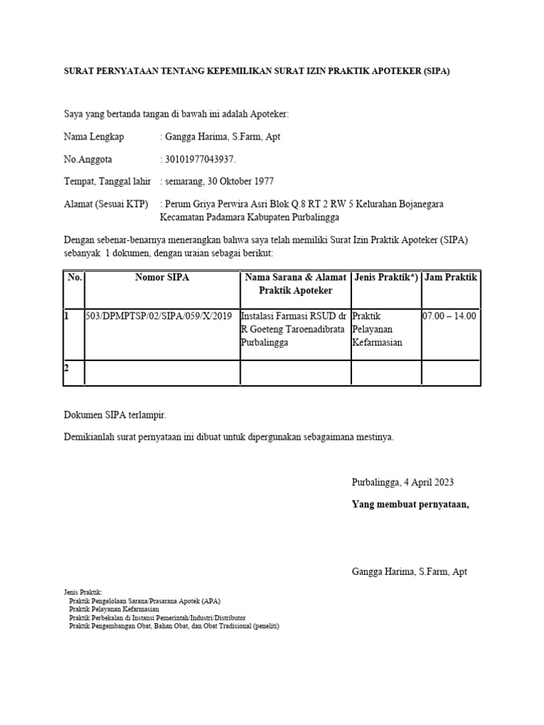 Surat Pernyataan Tentang Kepemilikan Surat Izin Praktik Apoteker | PDF
