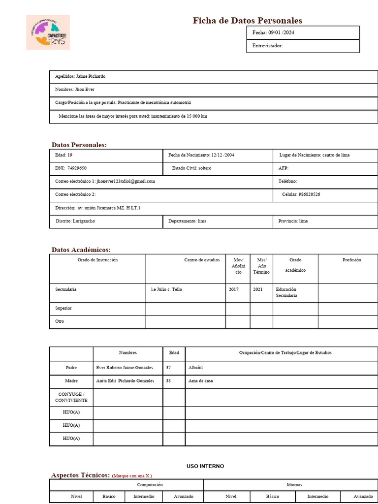Ficha Datos Personales Rys | PDF