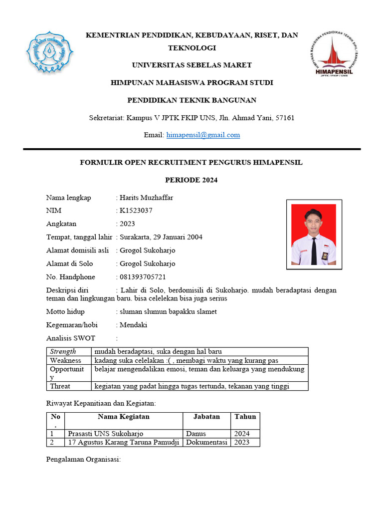 Formulir Open Recruitment Pengurus Himapensil 2024 | PDF