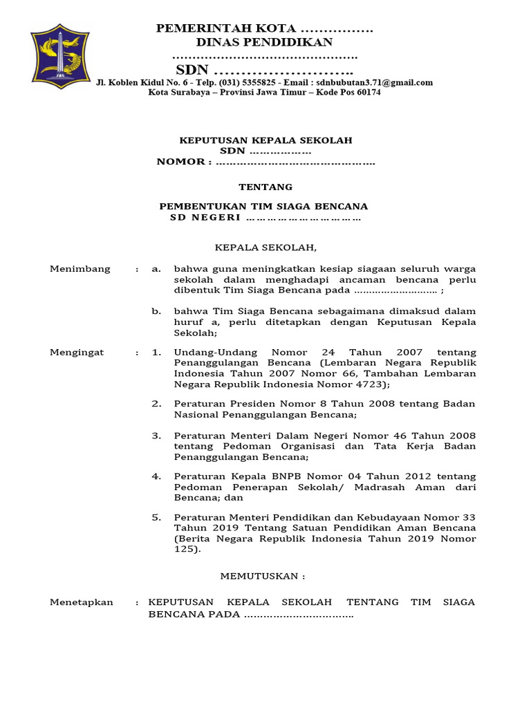 Contoh SK Surat Keputusan Tim Siaga Bencana Sekolah | PDF