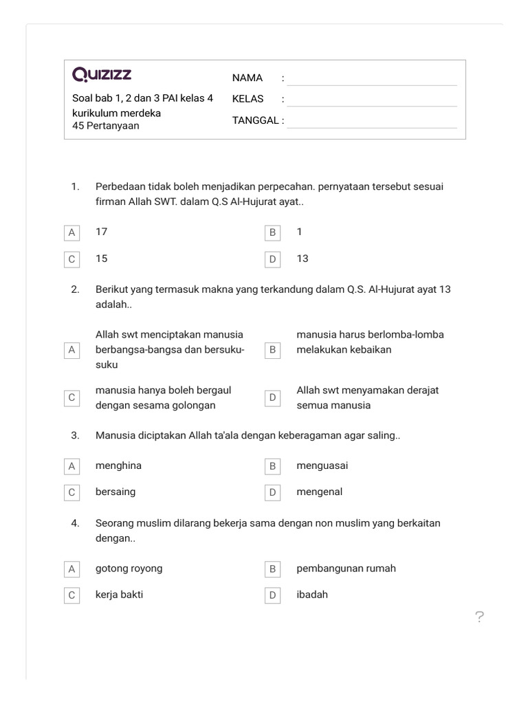 Soal Bab 1, 2 Dan 3 PAI Kelas 4 Kurikulum Merdeka | PDF