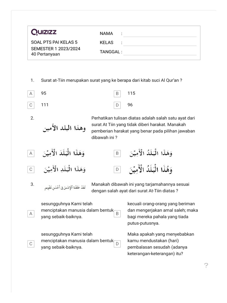 Soal Pts Pai Kelas 5 Semester 1 2023 - 2024 | PDF