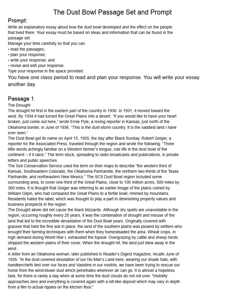 The Dust Bowl Passage Set and Prompt | PDF | Dust Bowl | Agriculture