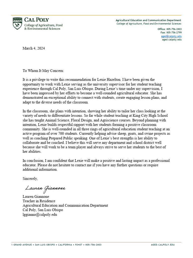 Recommendation for Lexie Hazelton | PDF | Behavior Modification | Learning