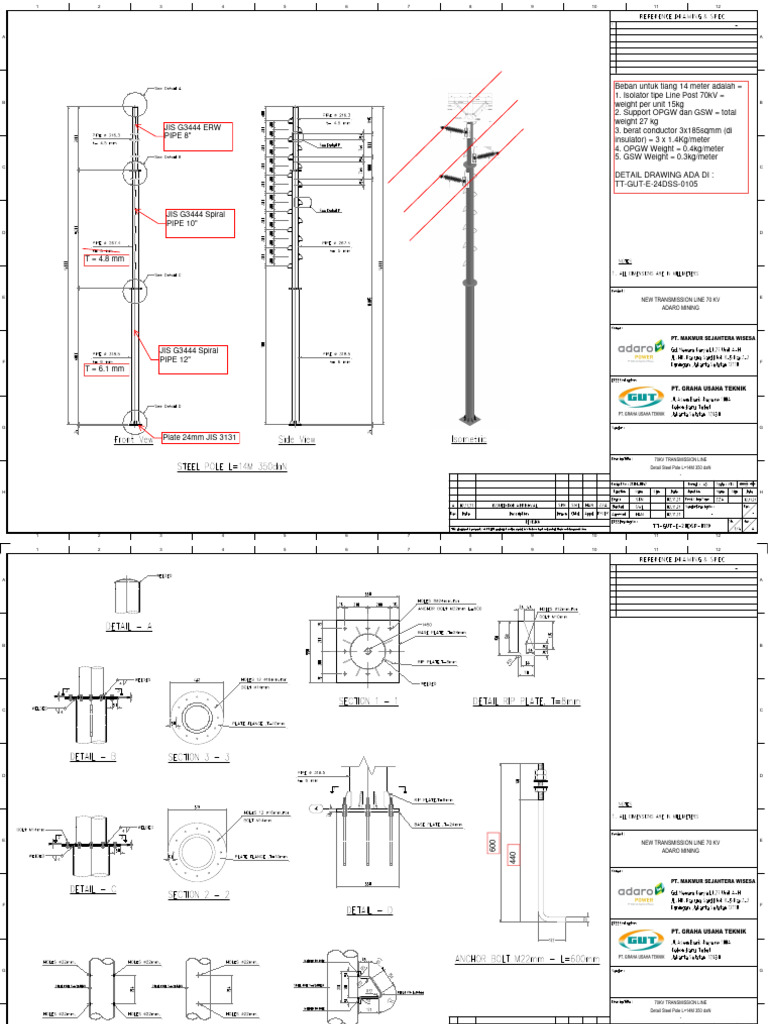 70kV Transmission Line Pole Details | PDF