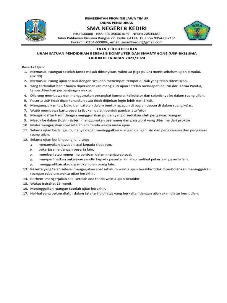 Tata Tertib Peserta Usp-Bks 2023-2024 | PDF