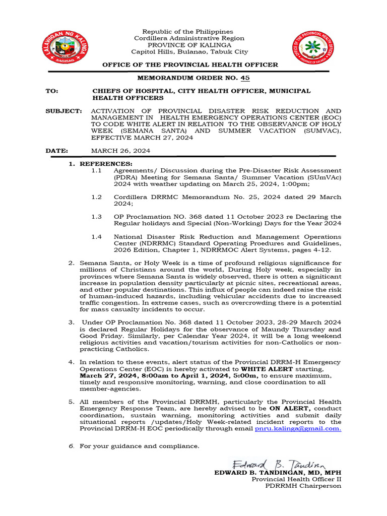 DRRM H Code White Activation Holy Week 2024 | PDF | Emergency ...