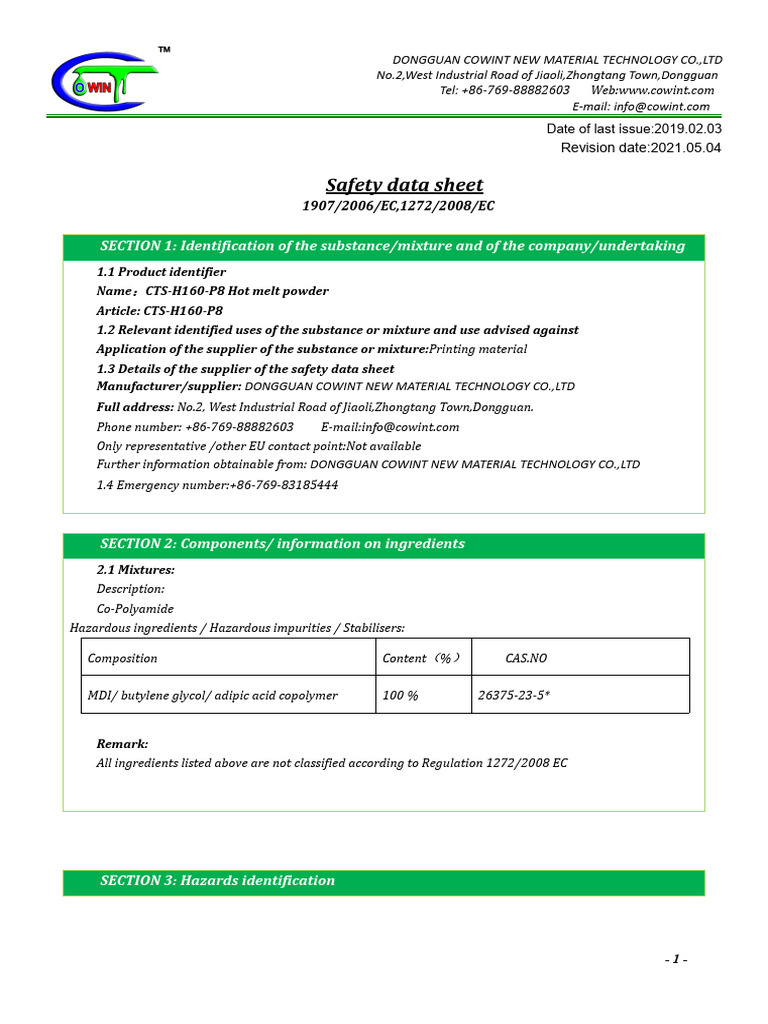 Industrial Safety Data: CTS-H160-P8 | PDF | Toxicity | Occupational ...