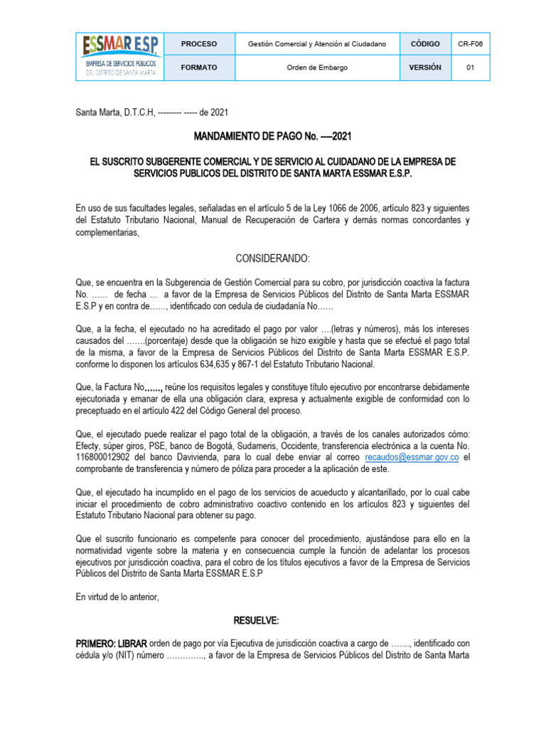 CR F06 Formato Orden de Embargo | PDF