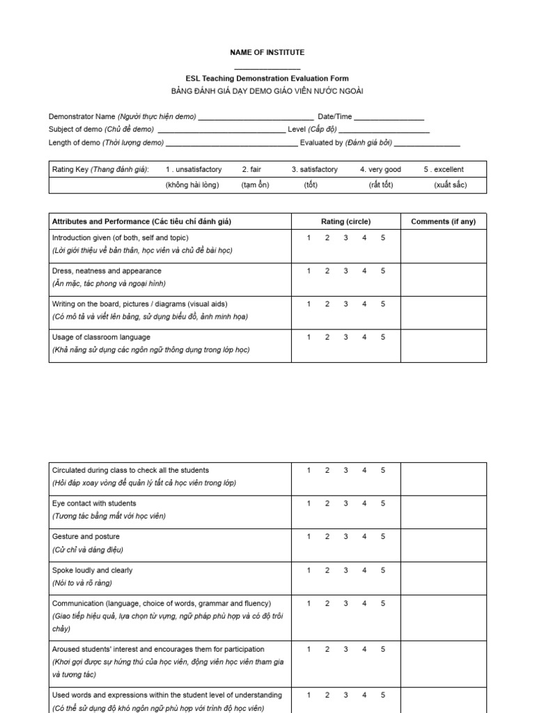 ESL Teaching Demonstration Evaluation Form - Form Đánh Giá Giáo Viên D ...