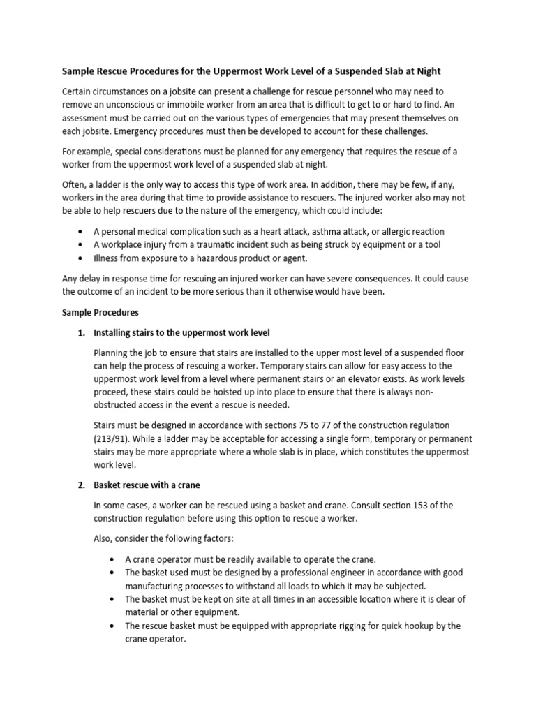 Sample Rescue Procedures Uppermost Work Level Suspended Slab Night ...