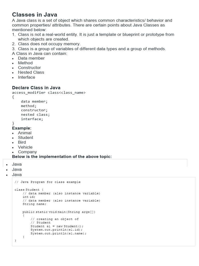 Classes in Java | Download Free PDF | Class (Computer Programming) | Programming
