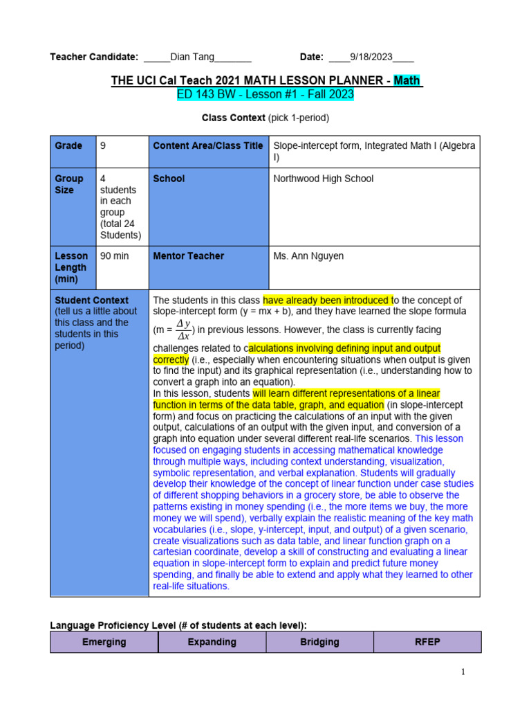 Dian Tang Mini-Teach Ed143b Math Long Form Fall23 | PDF | Linearity ...