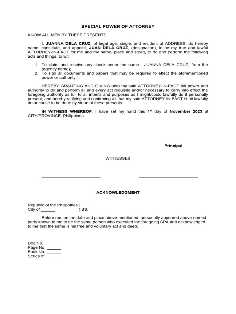 SPECIAL POWER OF ATTORNEY For Claiming of Check | PDF