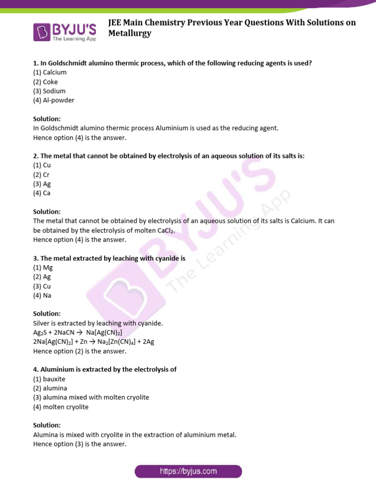 JEE Main Chemistry Previous Year Questions With Solutions On Metallurgy ...