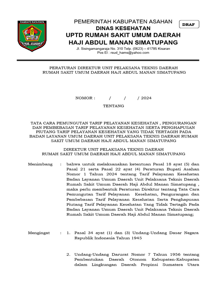 Tata Cara Tarif Pelayanan Kesehatan RSUD HAMS | PDF | Bisnis | Pengelolaan Keuangan & Uang