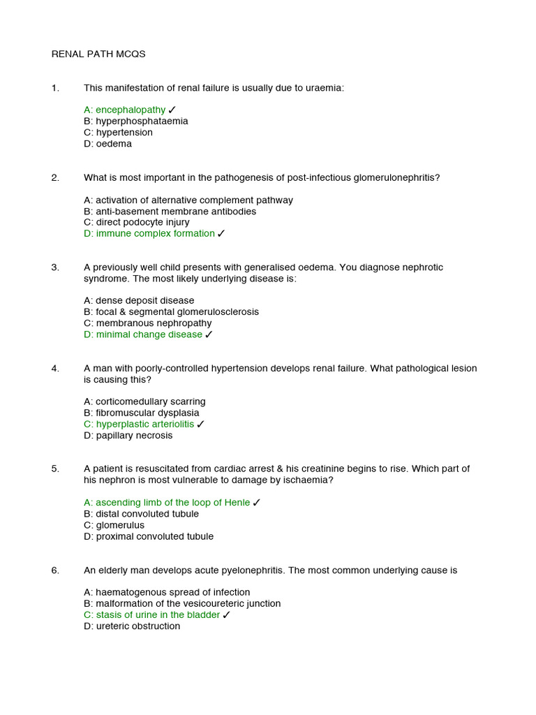 Pathology Renal MCQ Answers | PDF