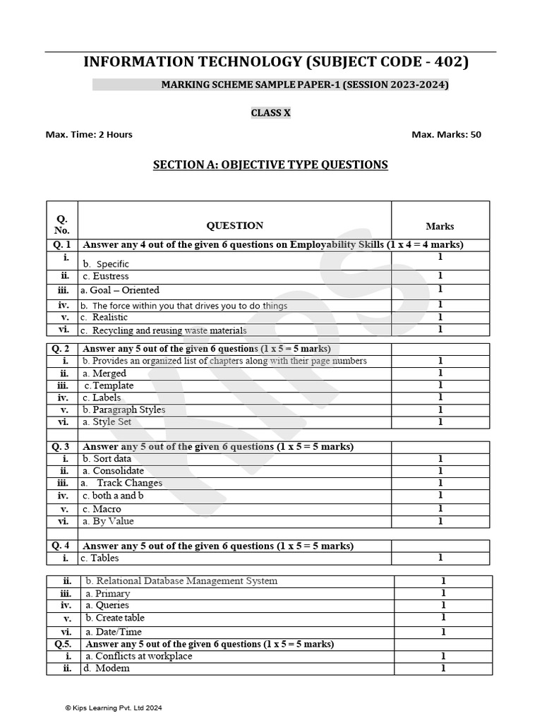 402_InformationTechnology_Class_X_Sample Paper 1_AnswerKey | PDF