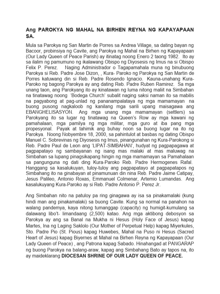 Ang PAROKYA NG MAHAL NA BIRHEN REYNA NG KAPAYAPAAN SA | PDF