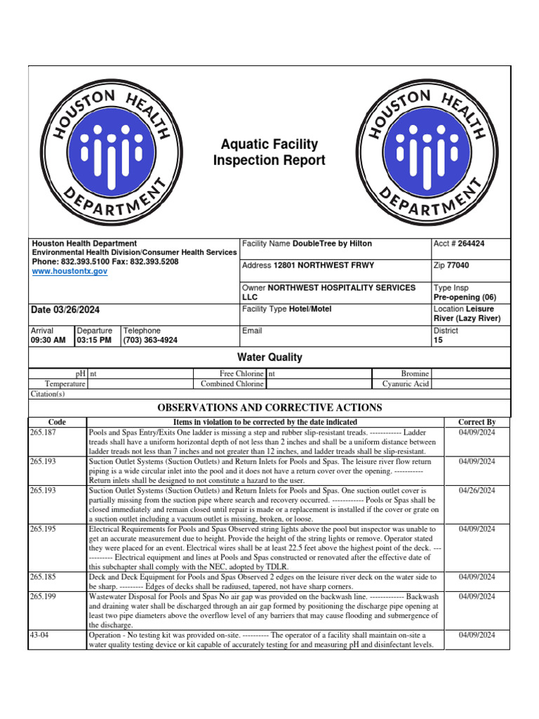 Aquatic Facility Inspection Report | PDF | Door | Swimming Pool