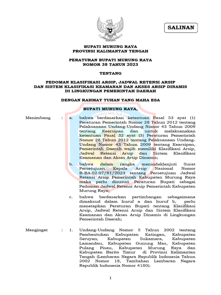 PERBUP NO 38 TAHUN 2023 TTG Klasiffikasi, JRA Dan SKKAAD | PDF