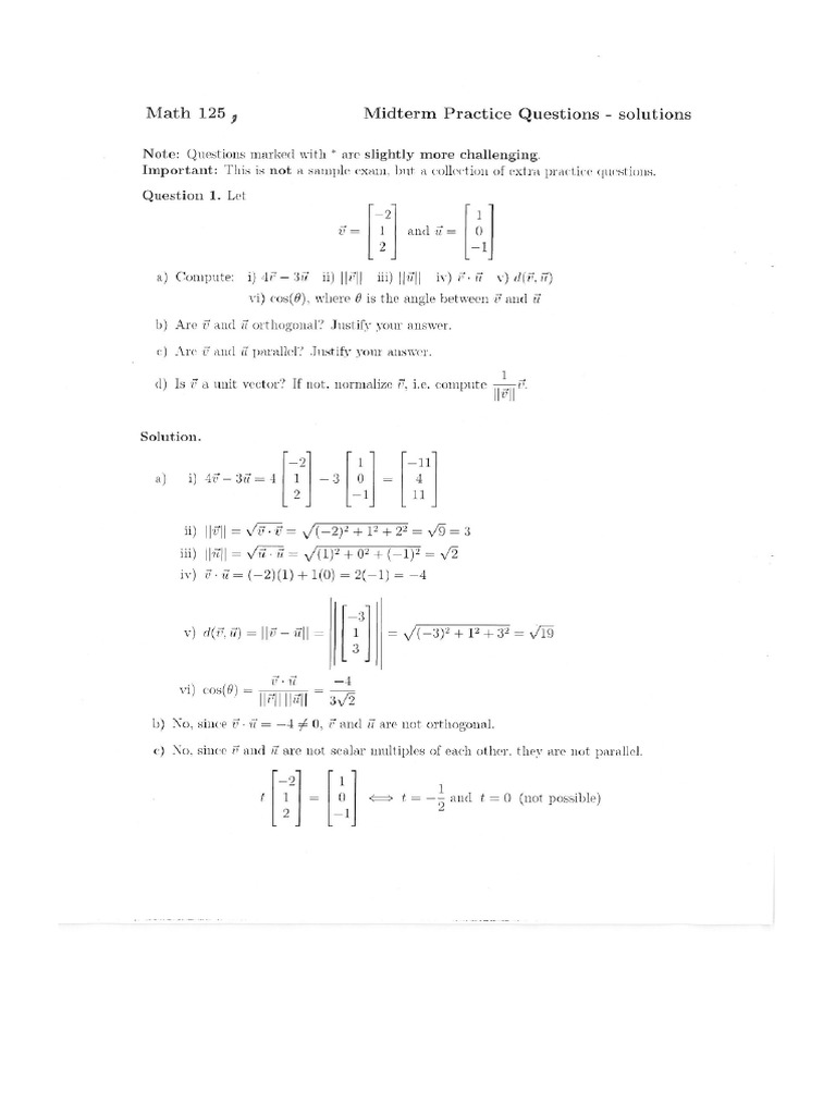 University of Alberta Linear Algebra I Math 125 Midterm Practice Questions-Solutions | PDF