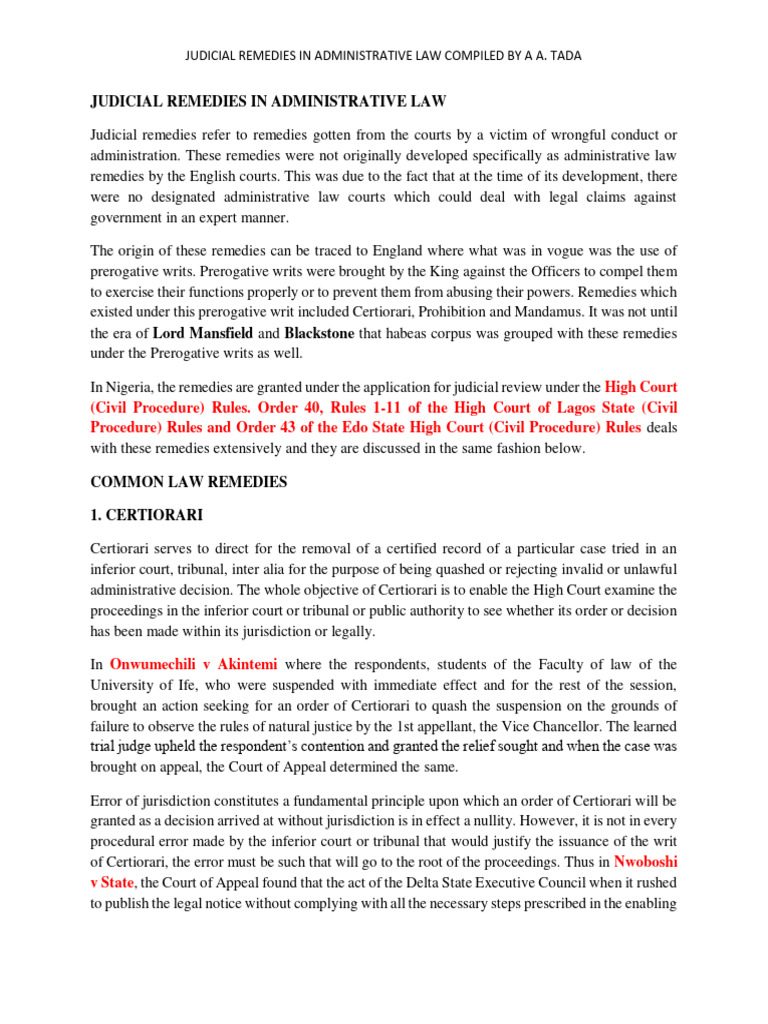 Judicial Remedies in Admin Law by TADA - 1 | PDF | Damages | Writ Of ...