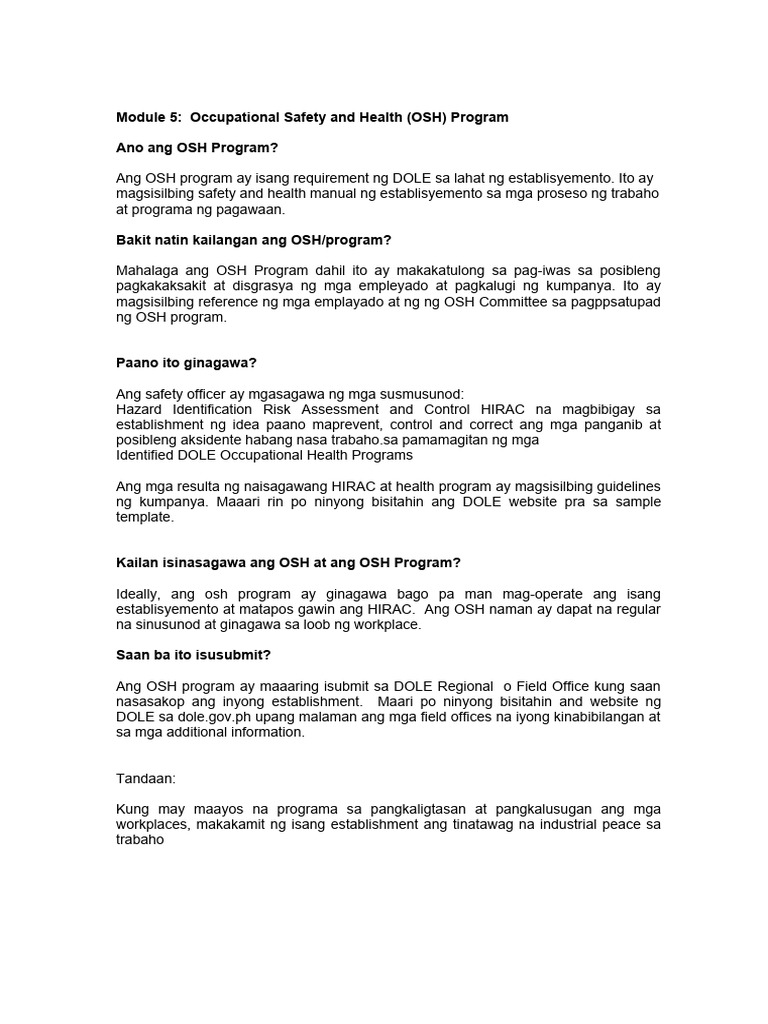 Module 3.1.2 Occupational Safety and Health (OSH) Program 2 | PDF