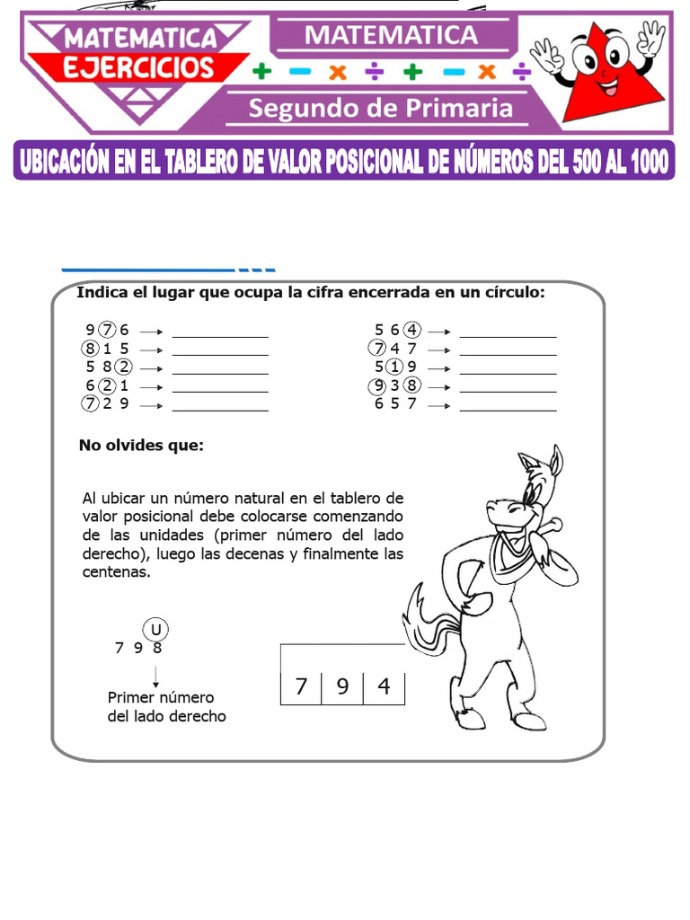 Ubicacion en El Tablero de Valor Posicional de Numeros Del 500 Al 1000 ...