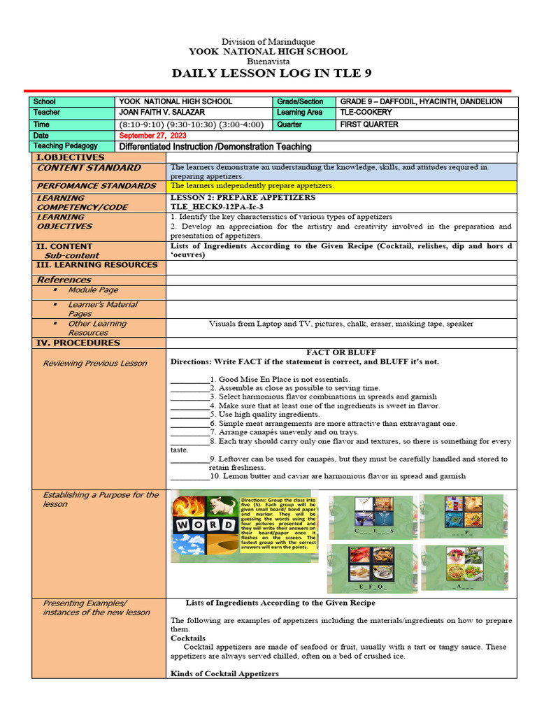 September 27 Cookery 9 Lesson Plan Week 5 Day 1 | PDF | Hors D'oeuvre ...