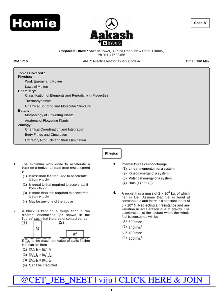 Aiats Tym Practice Paper Viju Que @Cet_jee_neet | PDF | Force | Momentum