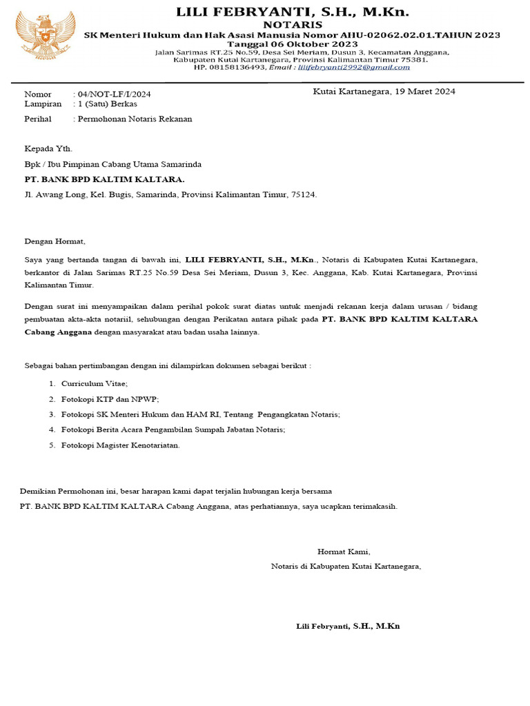 Surat Permohonan Notaris Rekanan Dengan Bank BPD | PDF