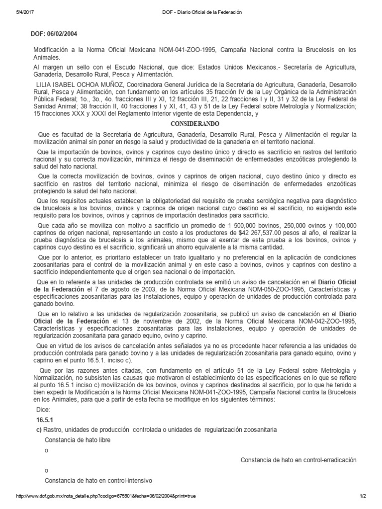 Modificaci N A La Norma Oficial Mexicana NOM-041-ZOO-1995 Campa A Nacional Contra La Brucelosis ...