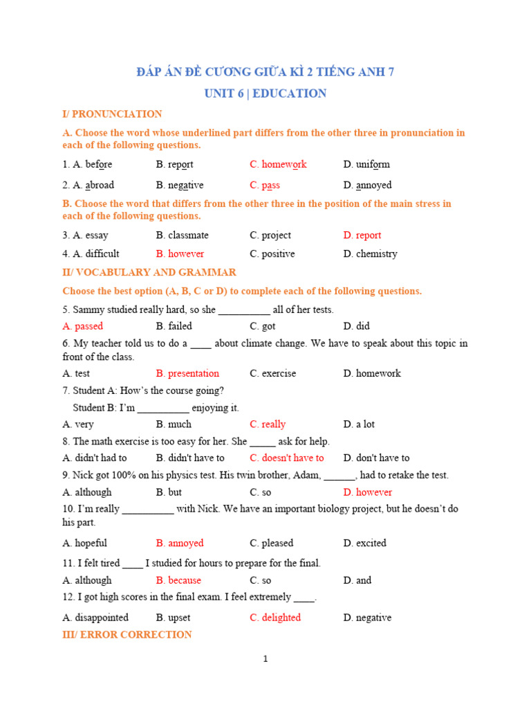 Dap An de Cuong GK2 Tieng Anh 7 ISW | PDF | Baggage